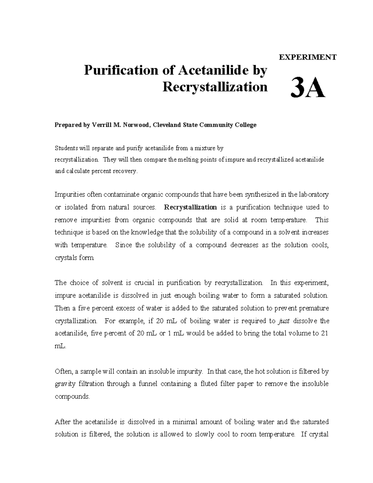 Clevelandstate ol acetanilide lab - EXPERIMENT 3A Purification of ...