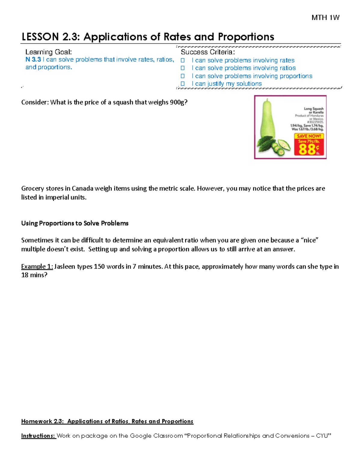 2.3 Applications of Rates and Proportions - MTH 1W LESSON 2 ...