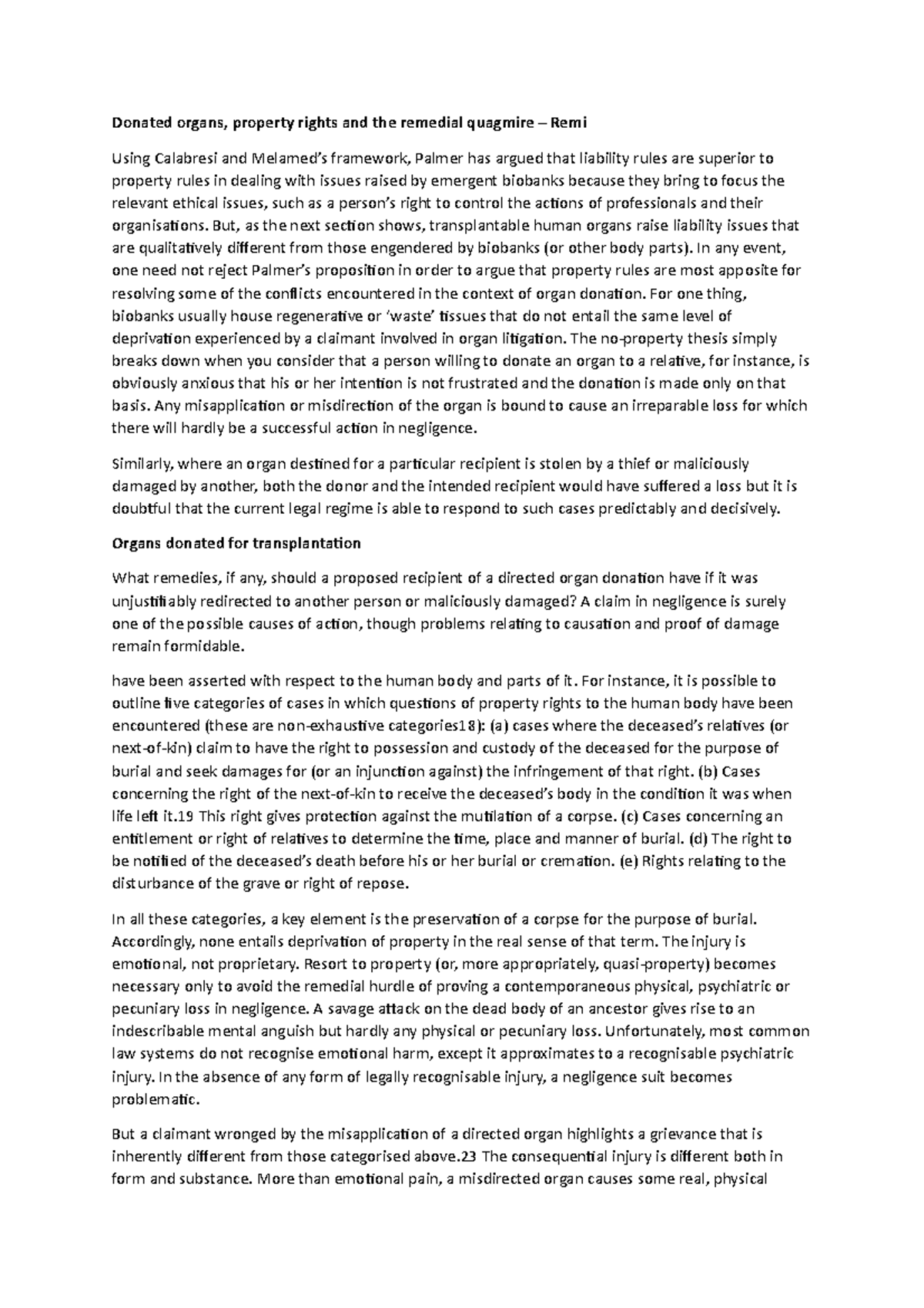 Seminar 7 - Donated organs, property rights and the remedial quagmire - Donated organs, property ...