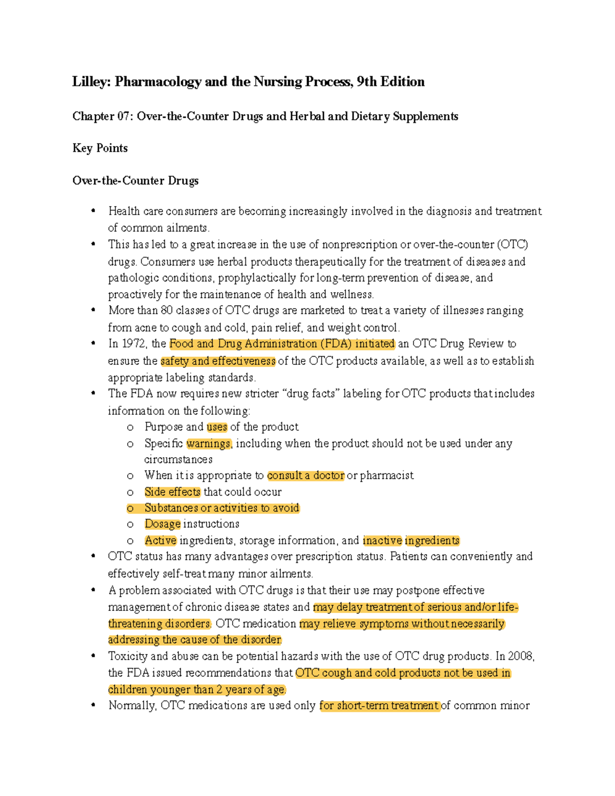 OTC - notes - Lilley: Pharmacology and the Nursing Process, 9th Edition ...