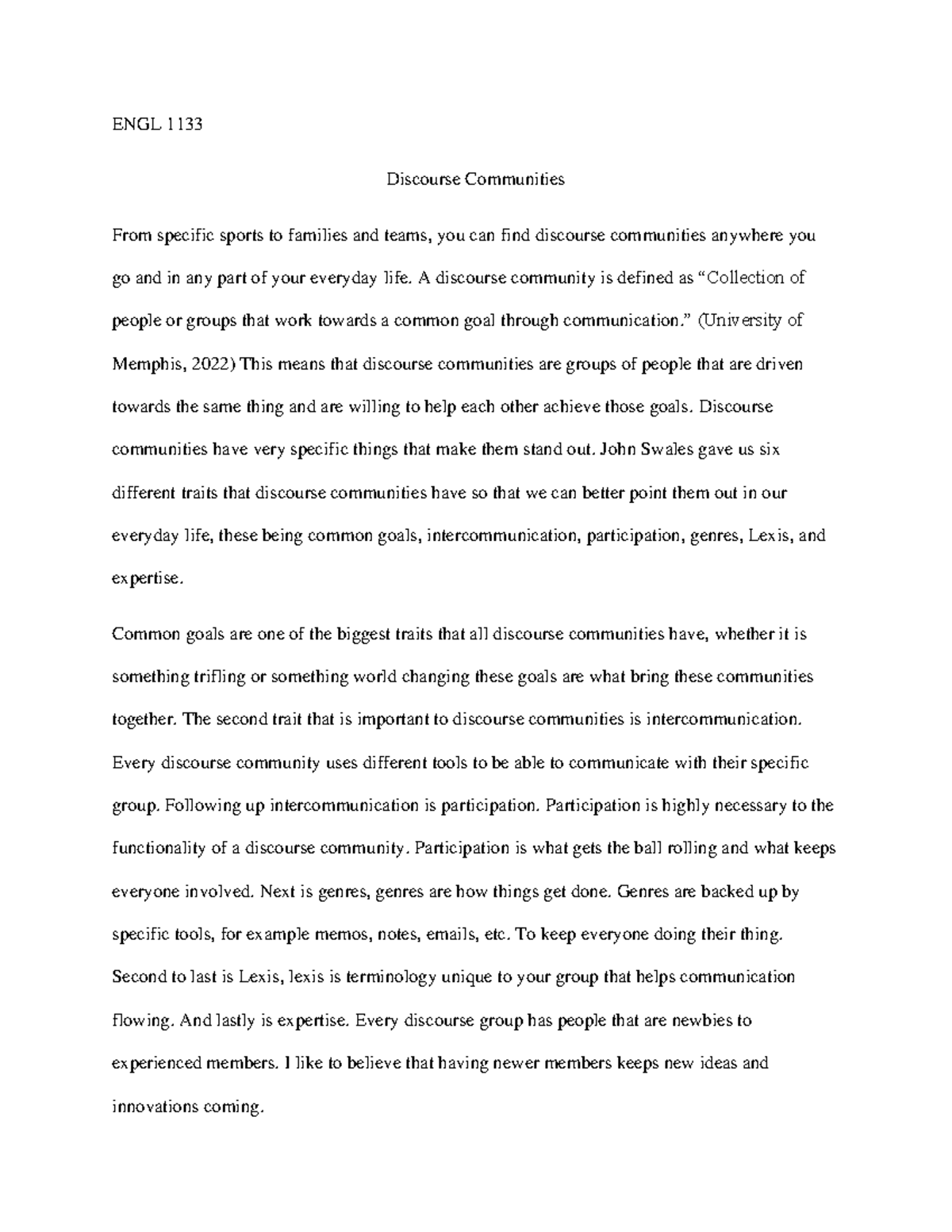Discourse community essay - ENGL 1133 Discourse Communities From ...