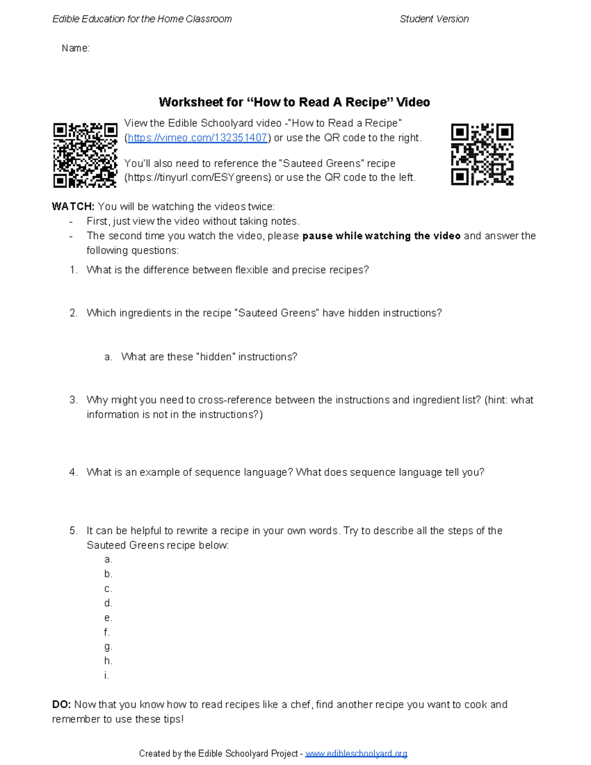 How to Read a Recipe Student Version fillable (1) - Edible Education ...