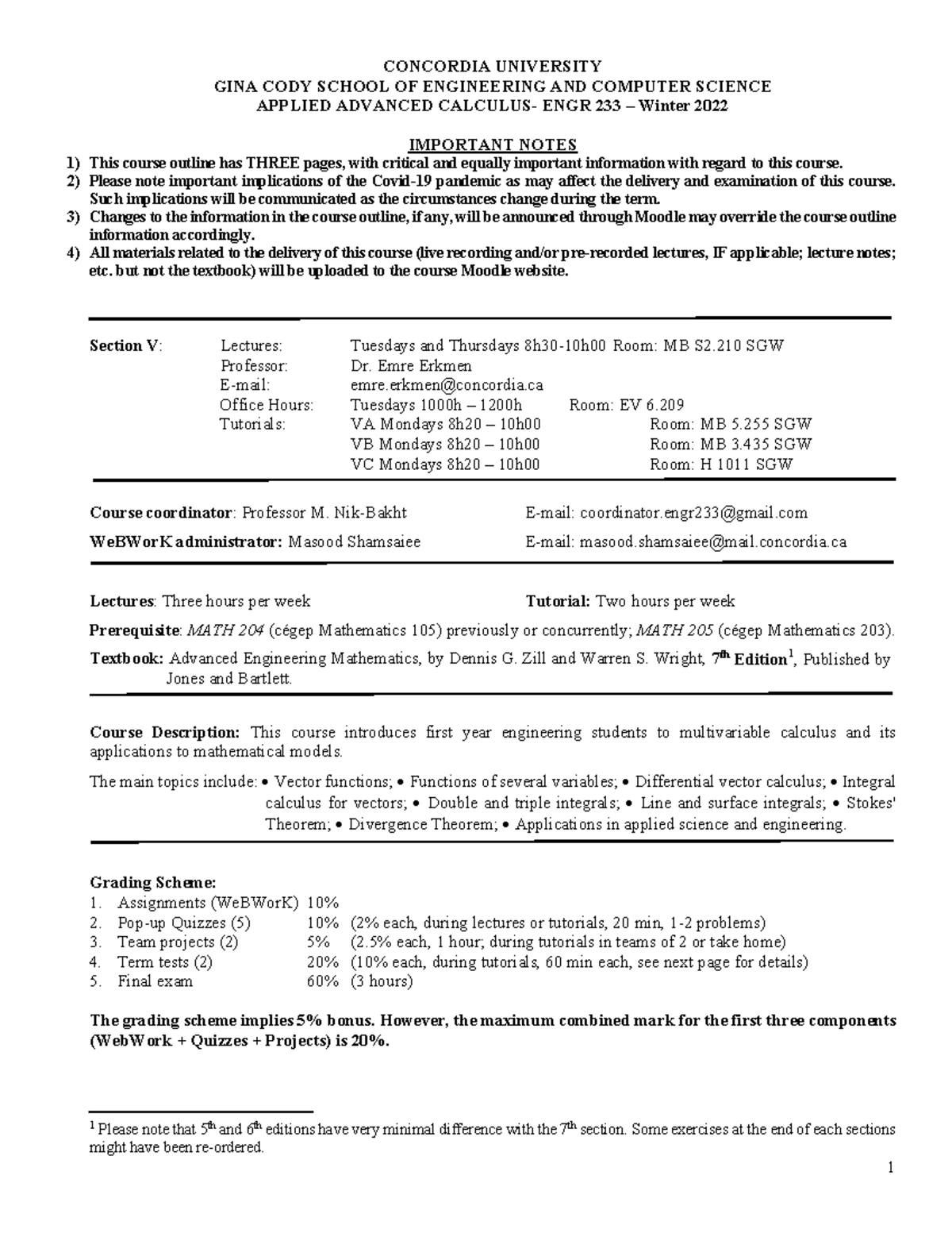 ENGR233 - Winter 2022 Course Outline - 1 CONCORDIA UNIVERSITY GINA CODY ...
