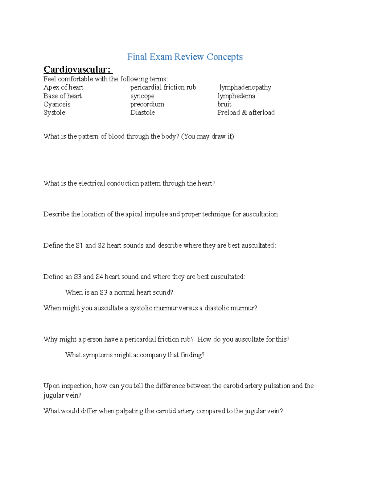 Final Exam Review Packet - Final Exam Review Concepts Cardiovascular ...