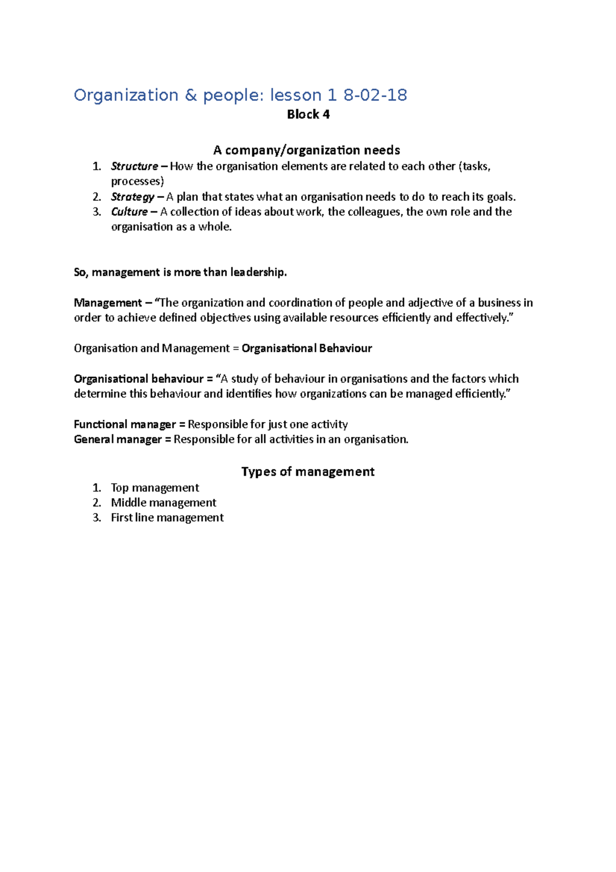 Lesson 1 8-2-18 - aantekeningen hoorcollege - Organization & people ...