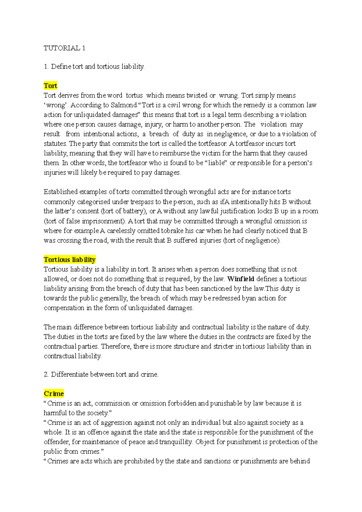 Torts law tutorial 1 - Next is the judgement or decision. Summarize the ...