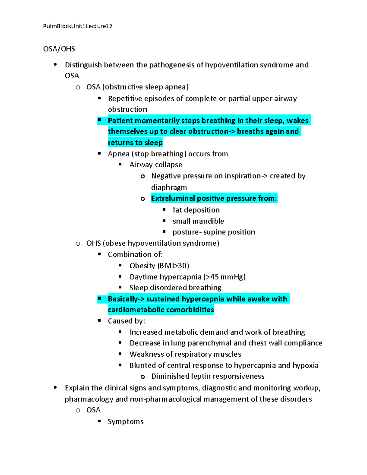 Unit1Lecture 12 Osaohs - PulmBlockUnit1Lecture OSA/OHS Distinguish ...