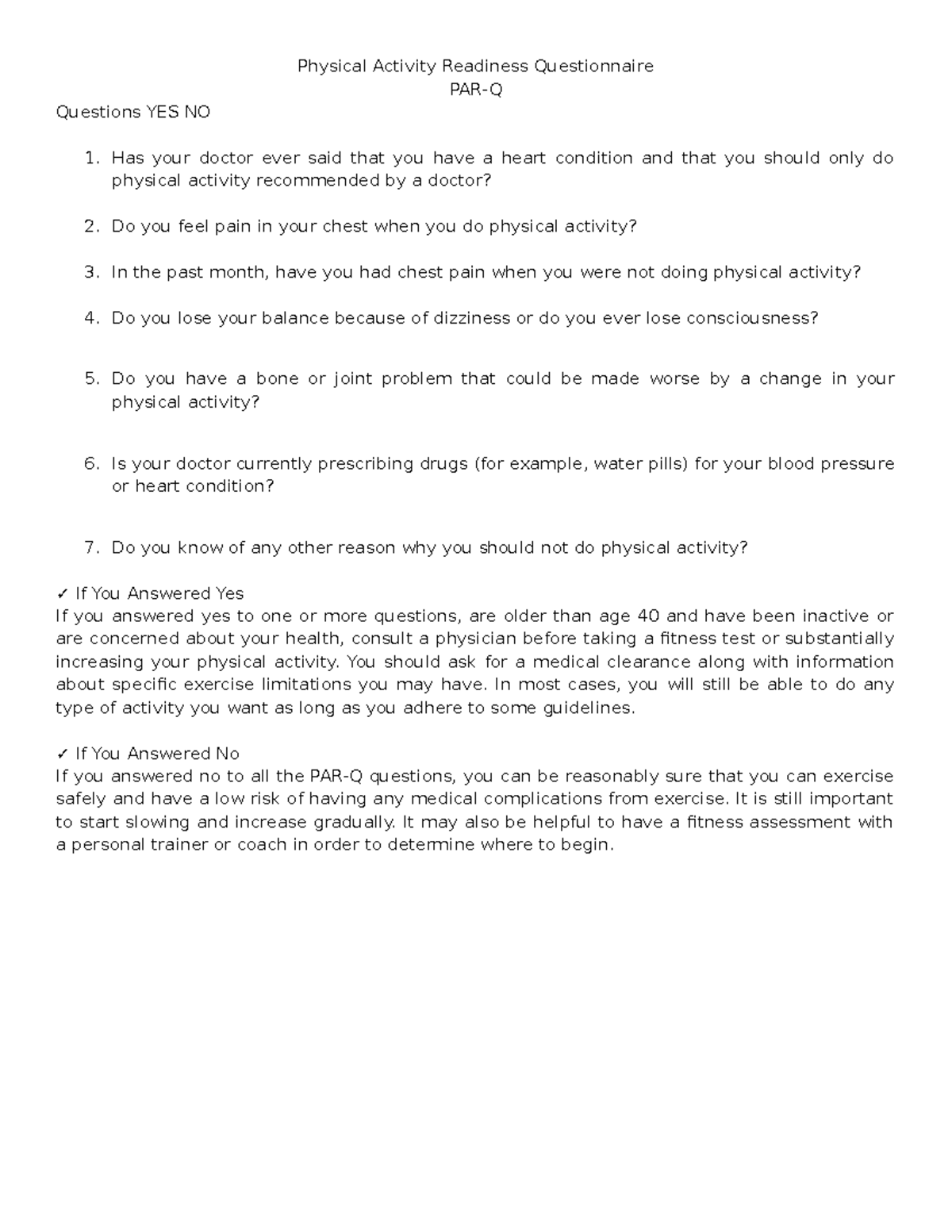 Physical Activity Readiness Questionnaire - Physical Activity Readiness ...