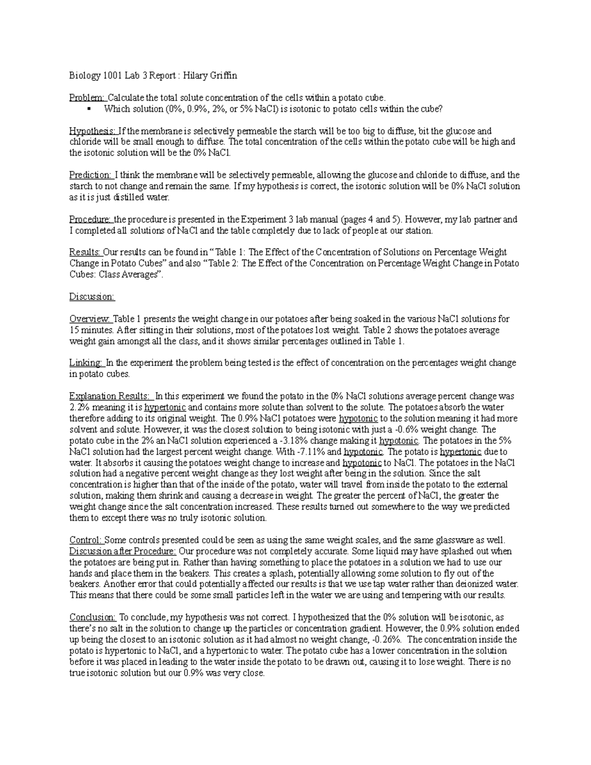 Biology 1001 Lab 3 Report - Biology 1001 Lab 3 Report : Hilary Griffin ...