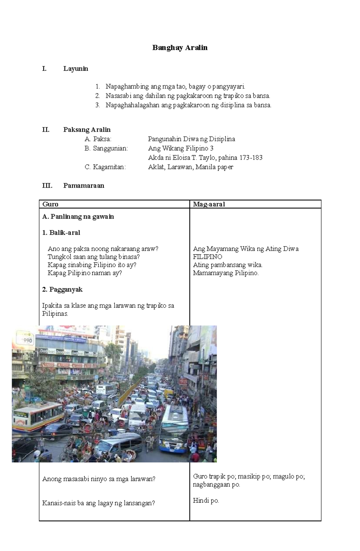 Lesson plan filipino - AHDEGAJHikqheaUJ - Banghay Aralin I. Layunin ...