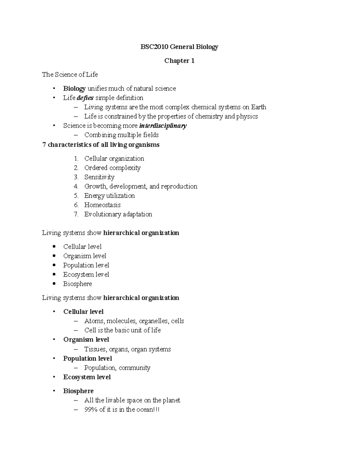 BSC2010 General Biology Chapter 1 - Evolutionary conservation All ...