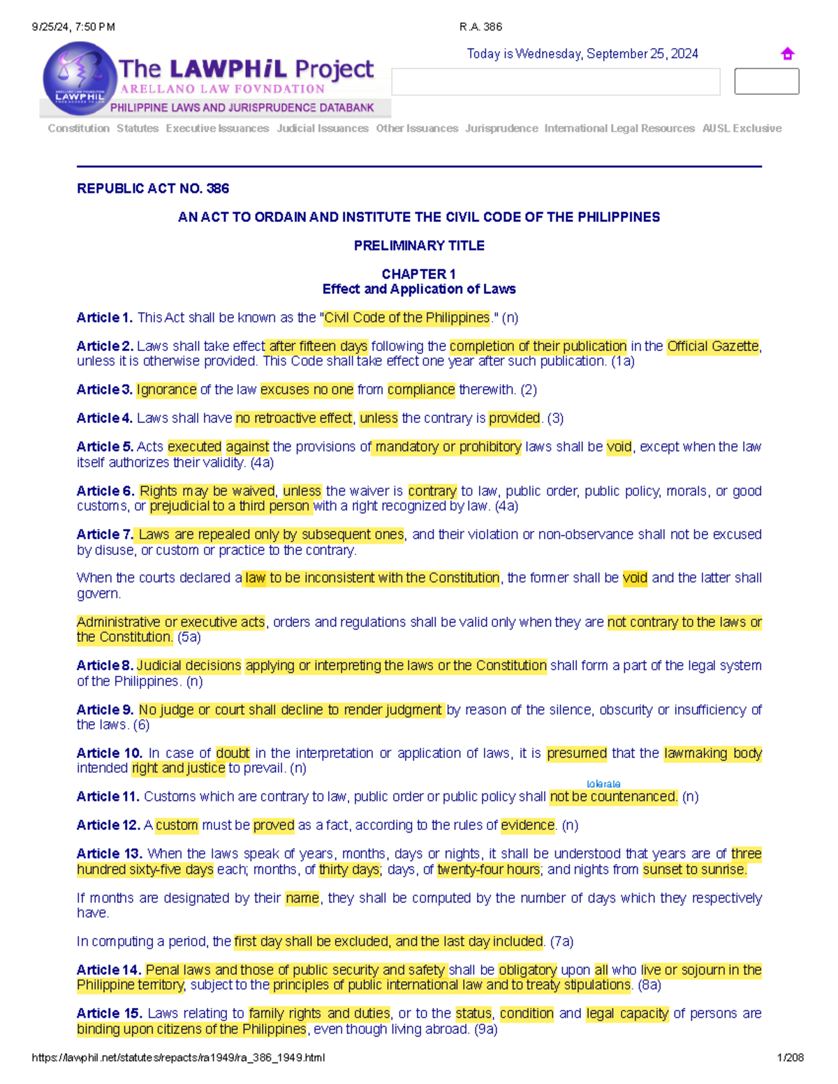 R.A. 386 Civil Codes - readings - Constitution Statutes Executive ...