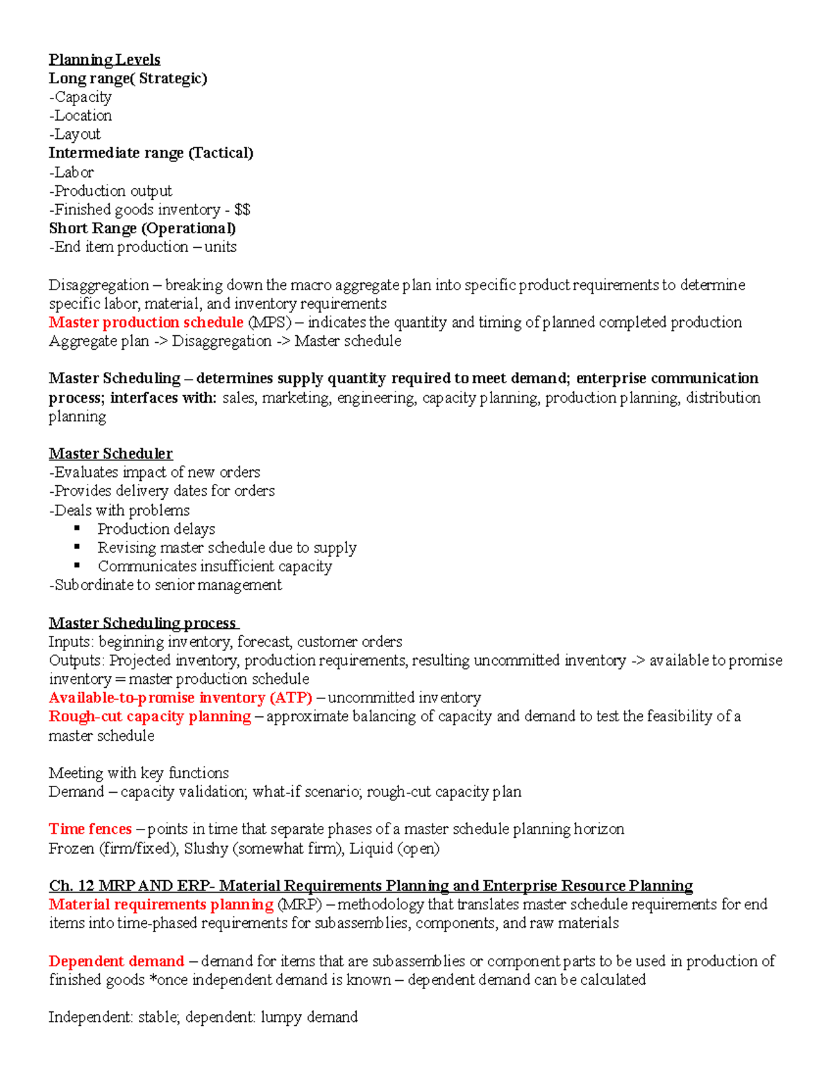 Mgmt 339 - Ch. 11 - notes - Planning Levels Long range( Strategic ...