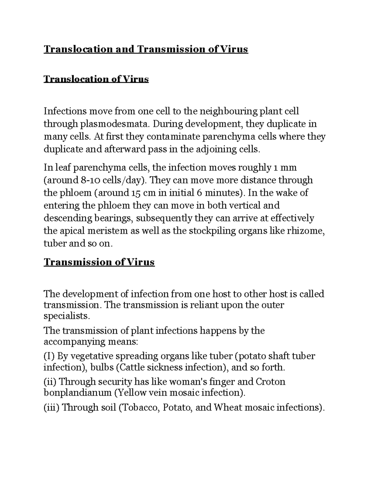 Translocation and Transmission of Virus - Translocation and ...