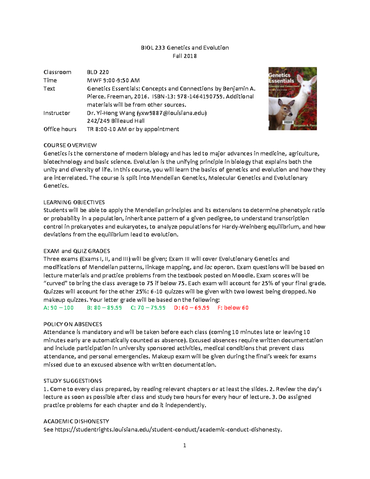 BIOL 233 2018 Syllabus - 1 BIOL 233 Genetics and Evolution Fall 2018 ...