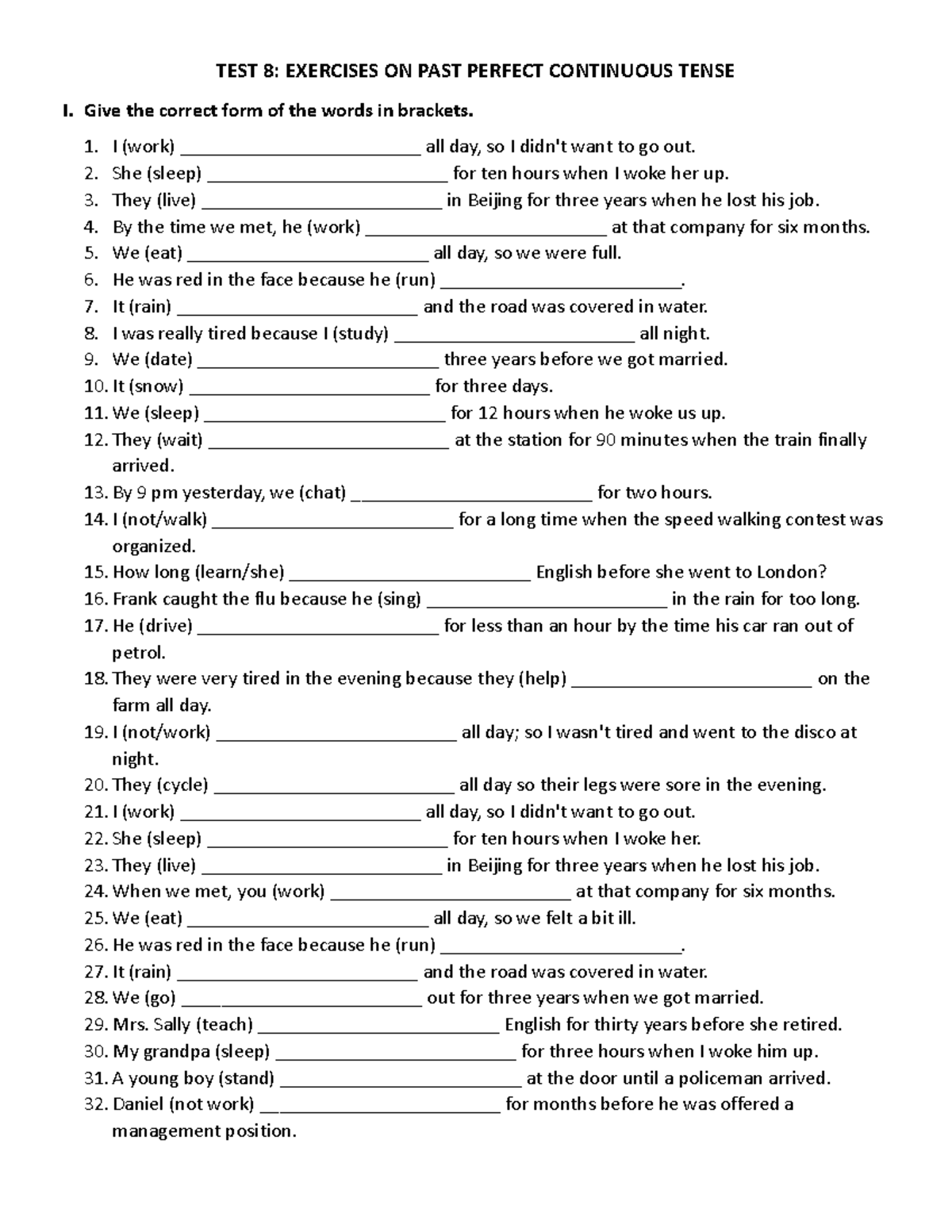 Test 8 - Qkhttd - TEST 8: EXERCISES ON PAST PERFECT CONTINUOUS TENSE I ...