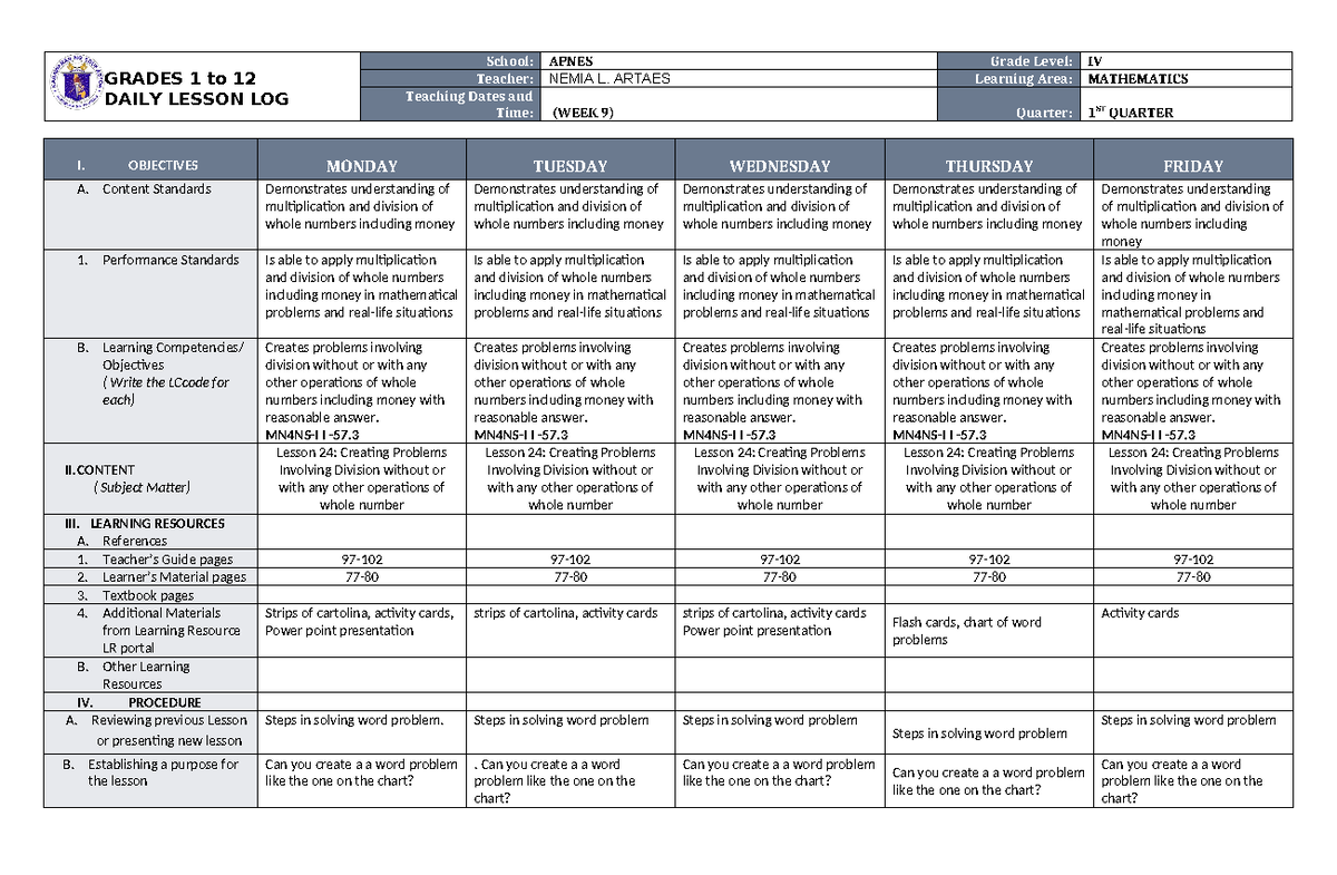 DLL Mathematics 4 Q1 W9 - daily - GRADES 1 to 12 DAILY LESSON LOG ...