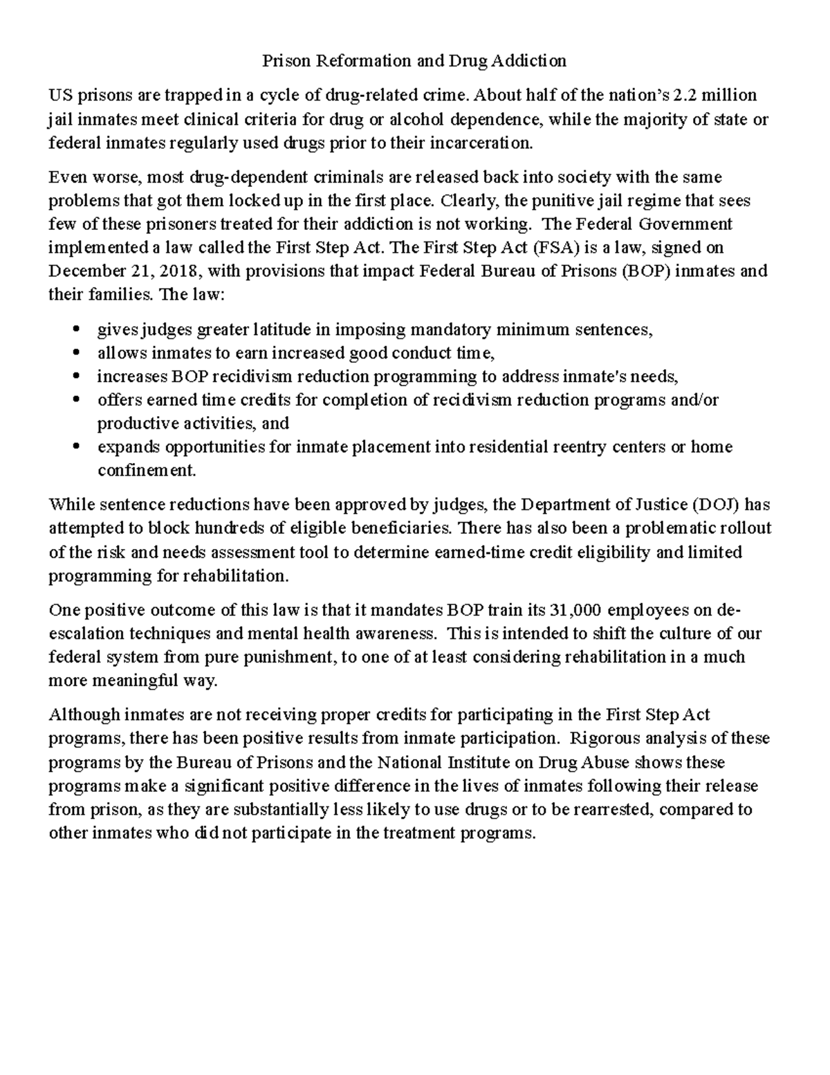 Journal No 3 - Prison Reformation and Drug Addiction US prisons are ...