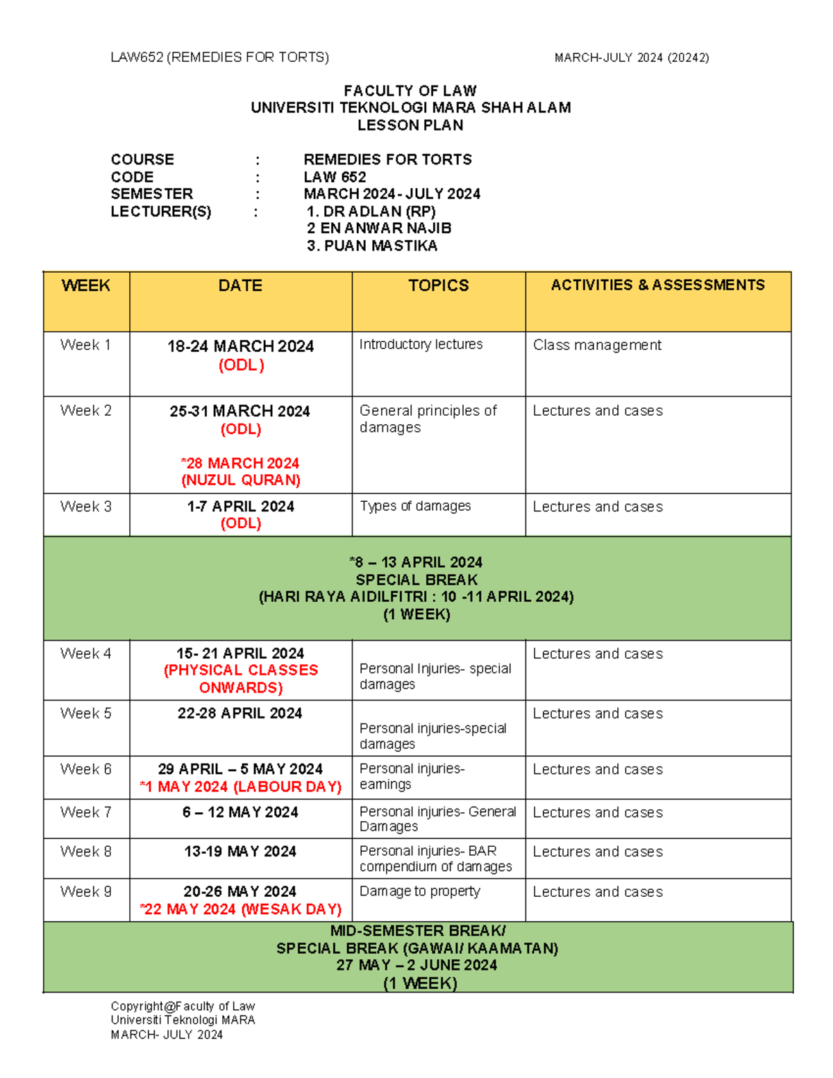 Lesson PLAN FOR LAW652 SEM March - JULY 2024 - LAW652 (REMEDIES FOR ...