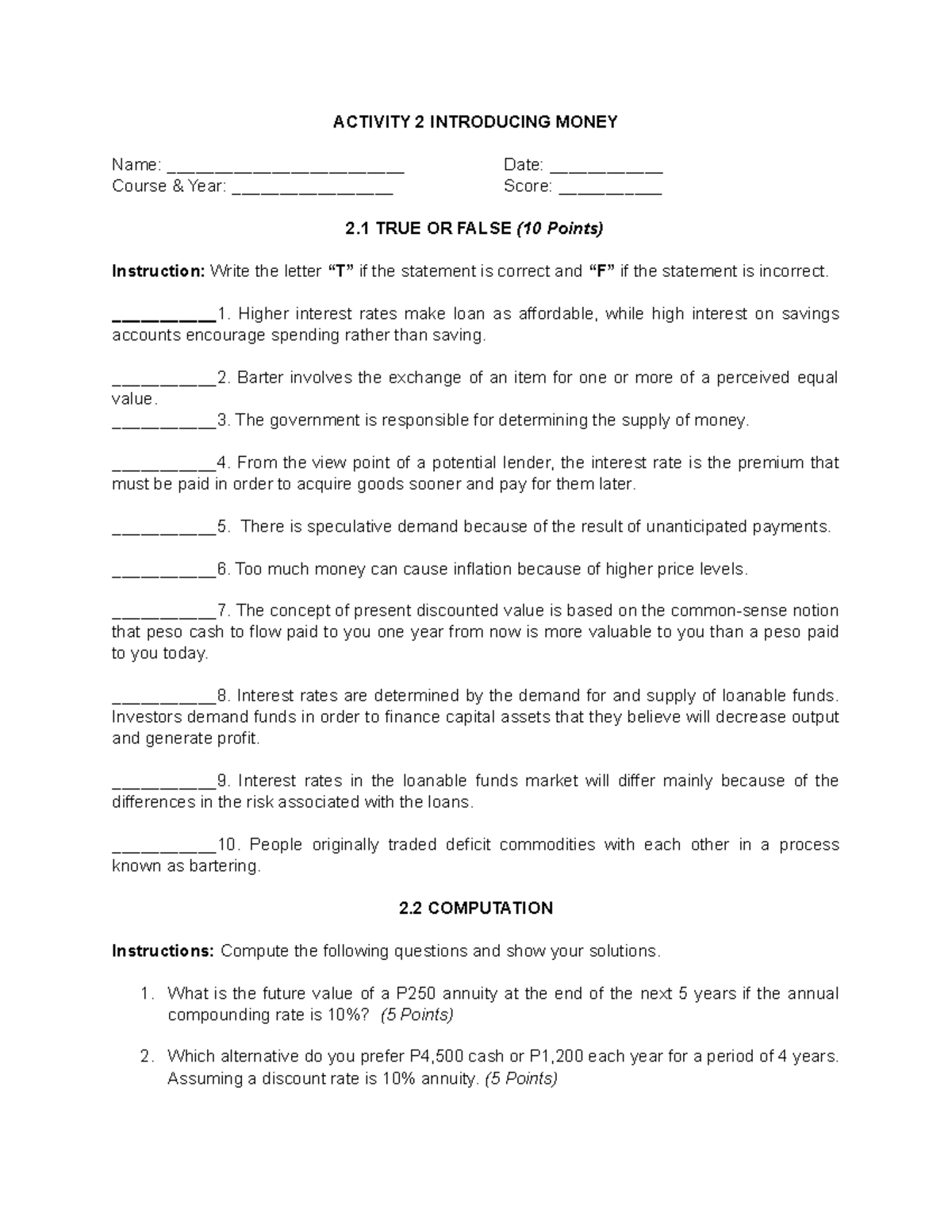 Activity 2 Introducing Money - ACTIVITY 2 INTRODUCING MONEY Name