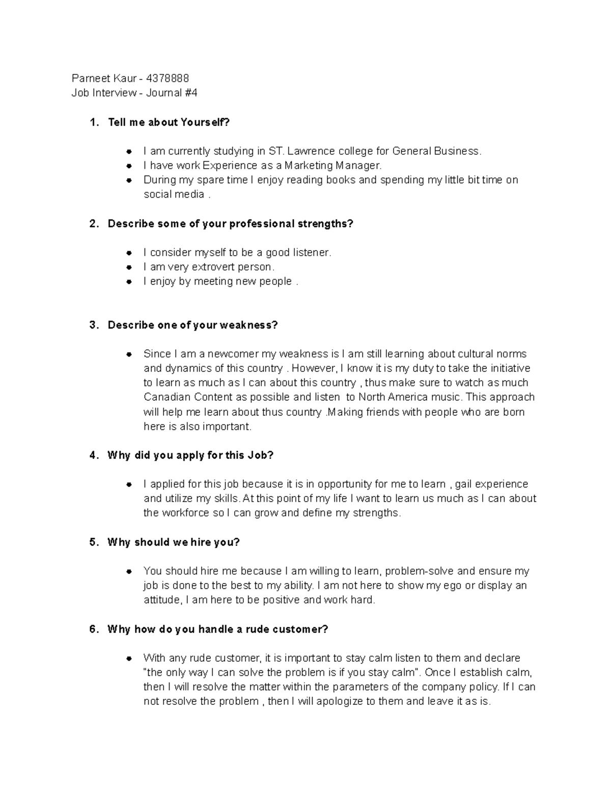 Journal #4 - NOTES MATERIAL - Parneet Kaur - 4378888 Job Interview ...