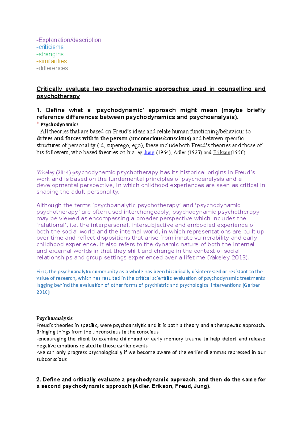 Assignment 2 notes - Critically evaluate two psychodynamic approaches ...