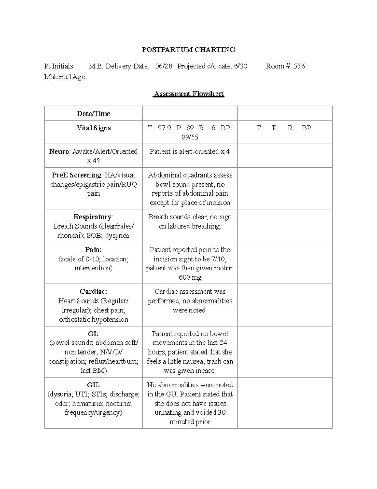 Postpartum Charting-4 copy - POSTPARTUM CHARTING Pt Initials: M ...
