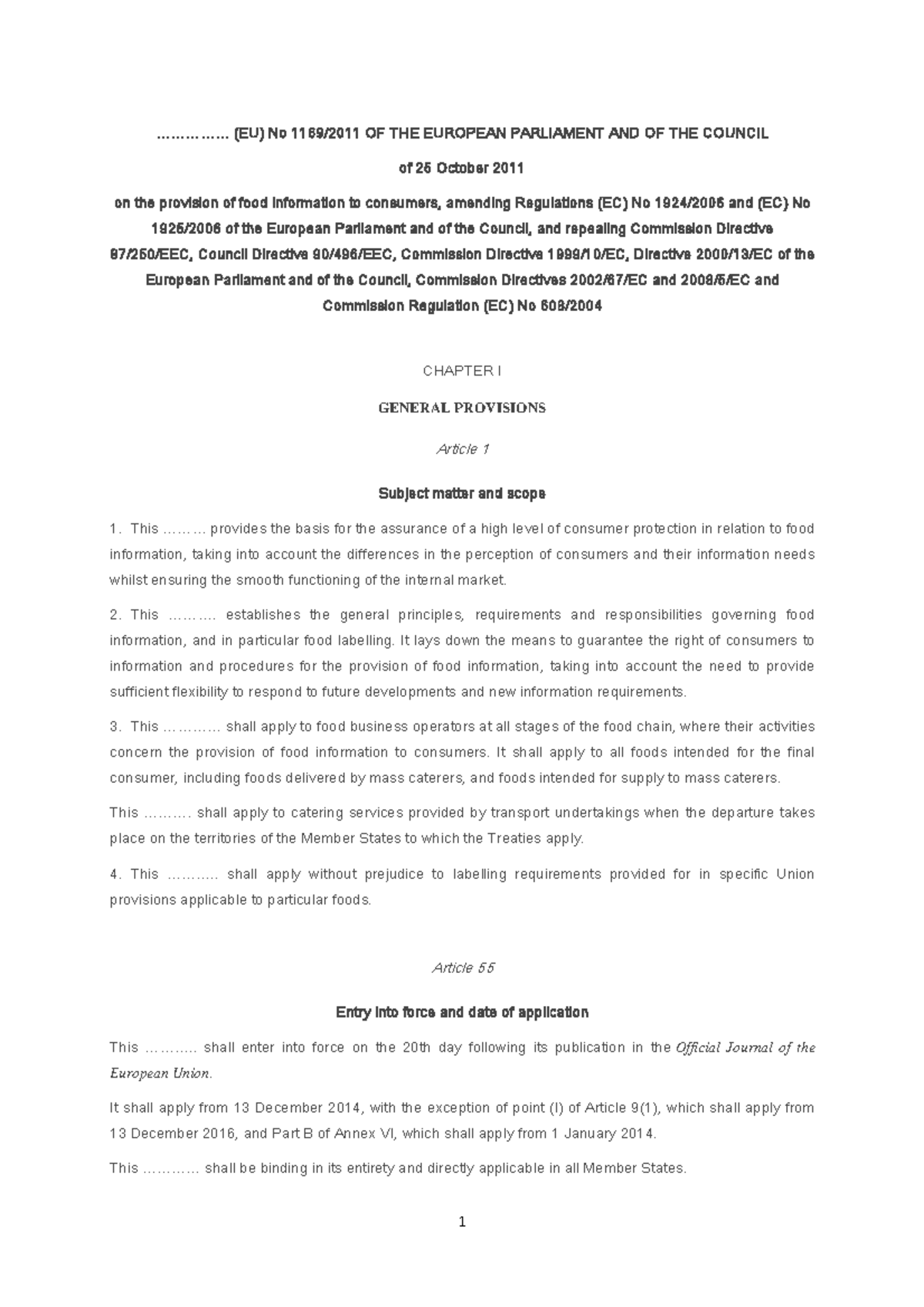 4 Examples for types of legal acts - ............... (EU) No 1169 / ...