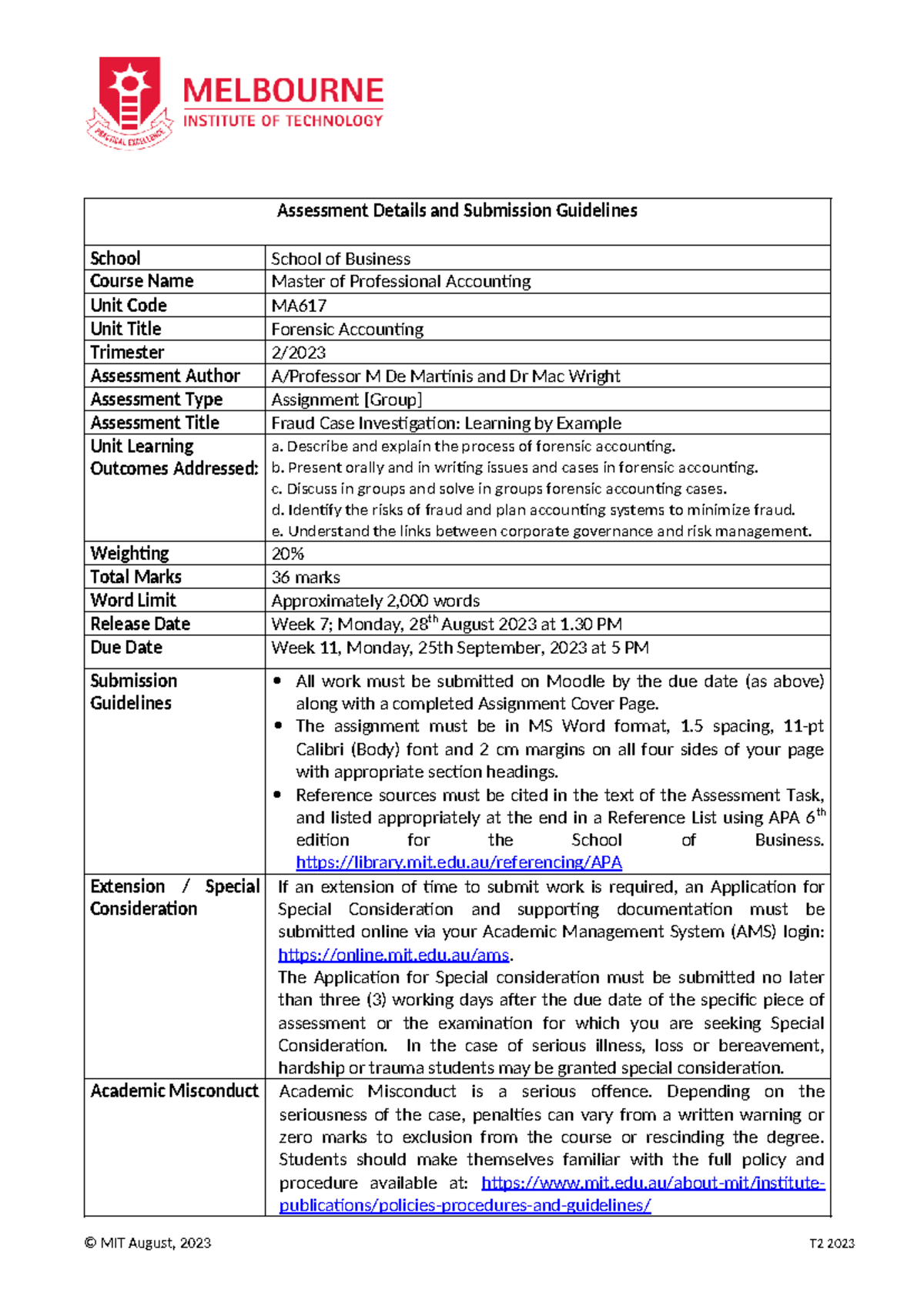 MA617 T1 2023 Assignment [Group] - Assessment Details and Submission Guidelines School School of ...