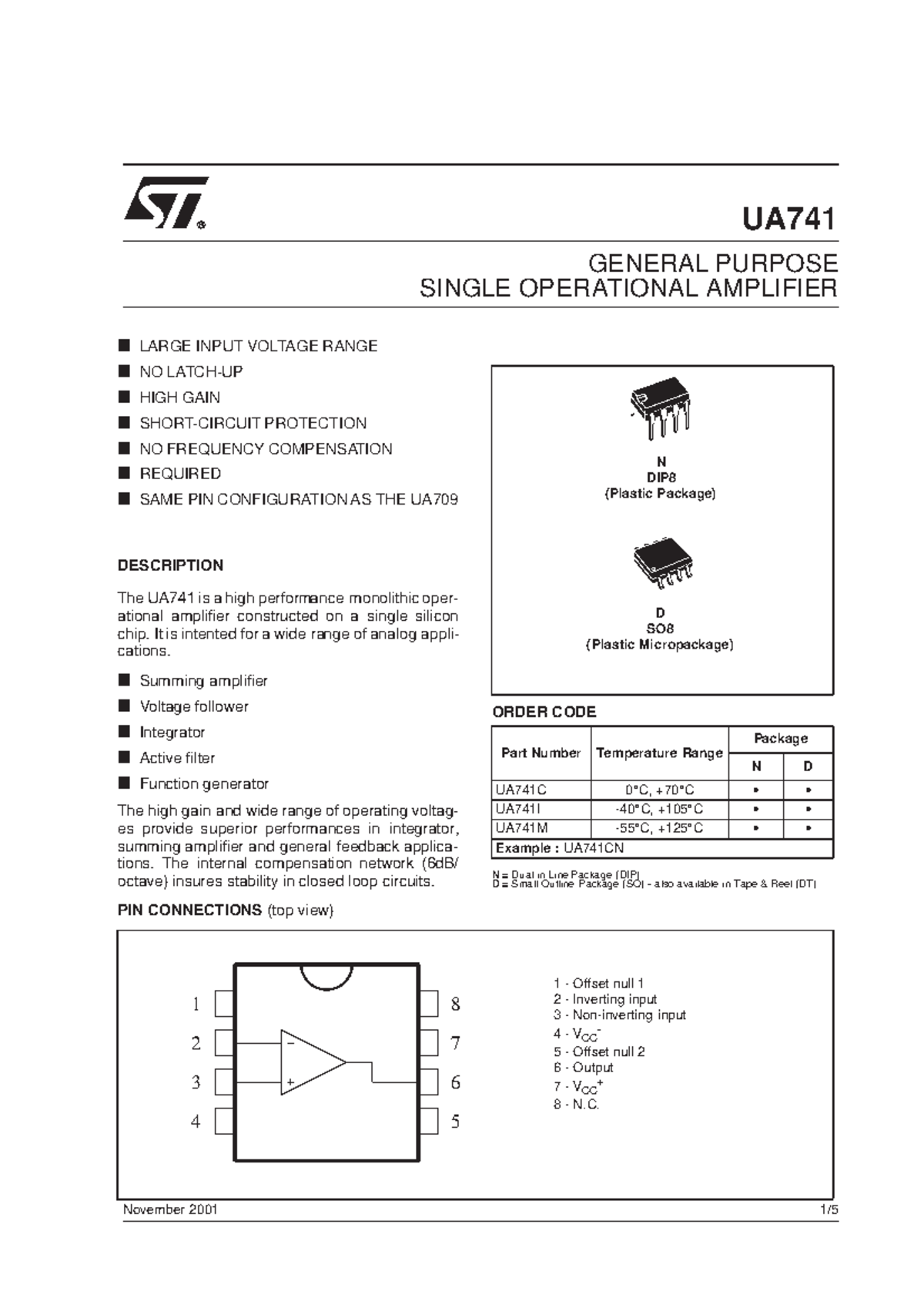 UA741 Datasheet Components - ####### 1/ LARGE INPUT VOLTAGE RANGE NO ...