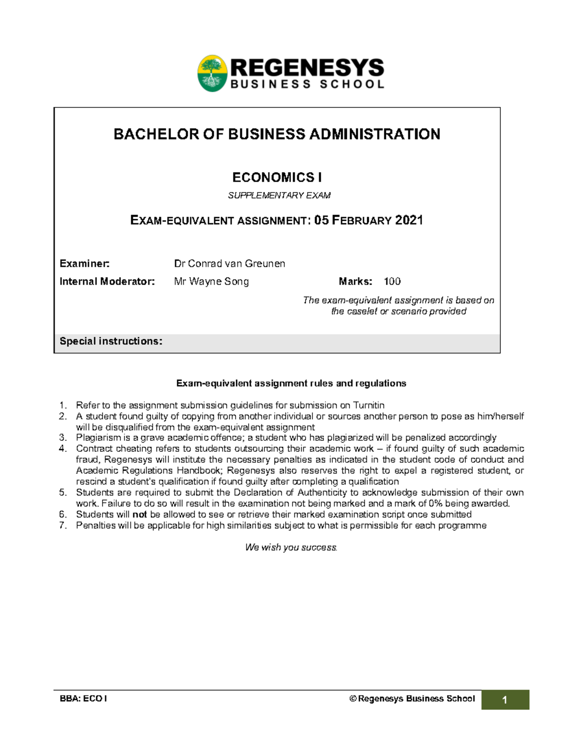 BBA1 ECO Exam-Equivalent Assignment supp 05feb2021 - BACHELOR OF ...