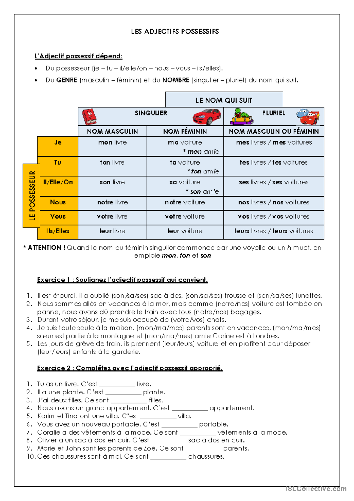 3. Les adjectifs possessifs - LES ADJECTIFS POSSESSIFS L’Adjectif ...