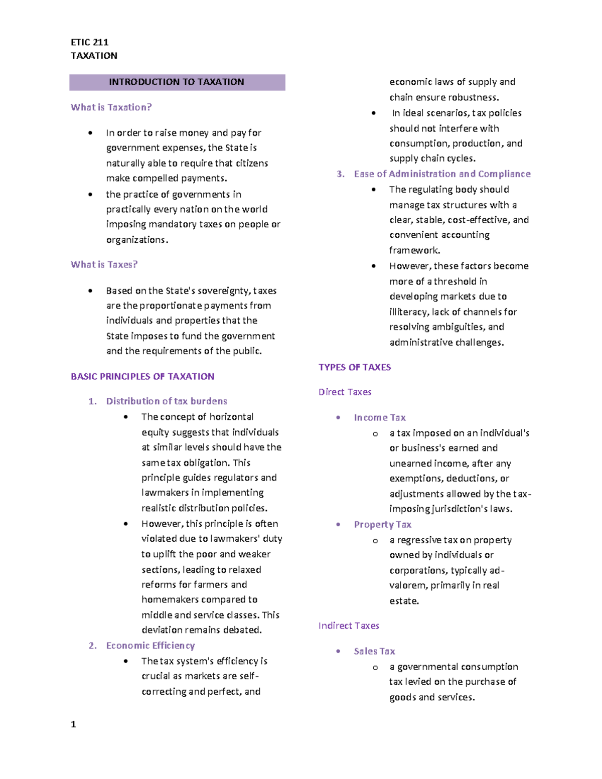 Ethics Taxation Reviewer - ETIC 211 TAXATION 1 INTRODUCTION TO TAXATION ...