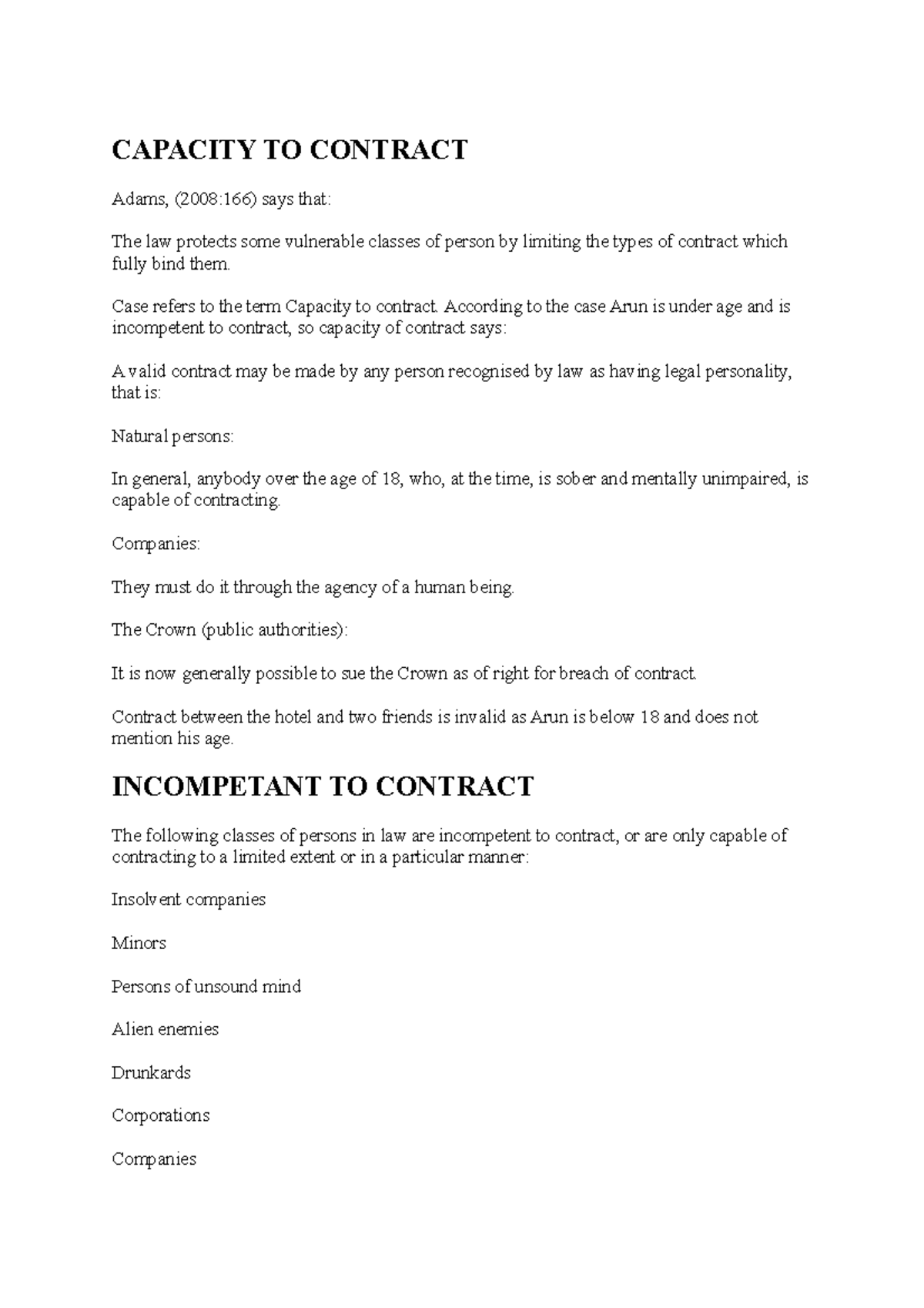 Capacity TO Contract contract law notes - CAPACITY TO CONTRACT Adams ...