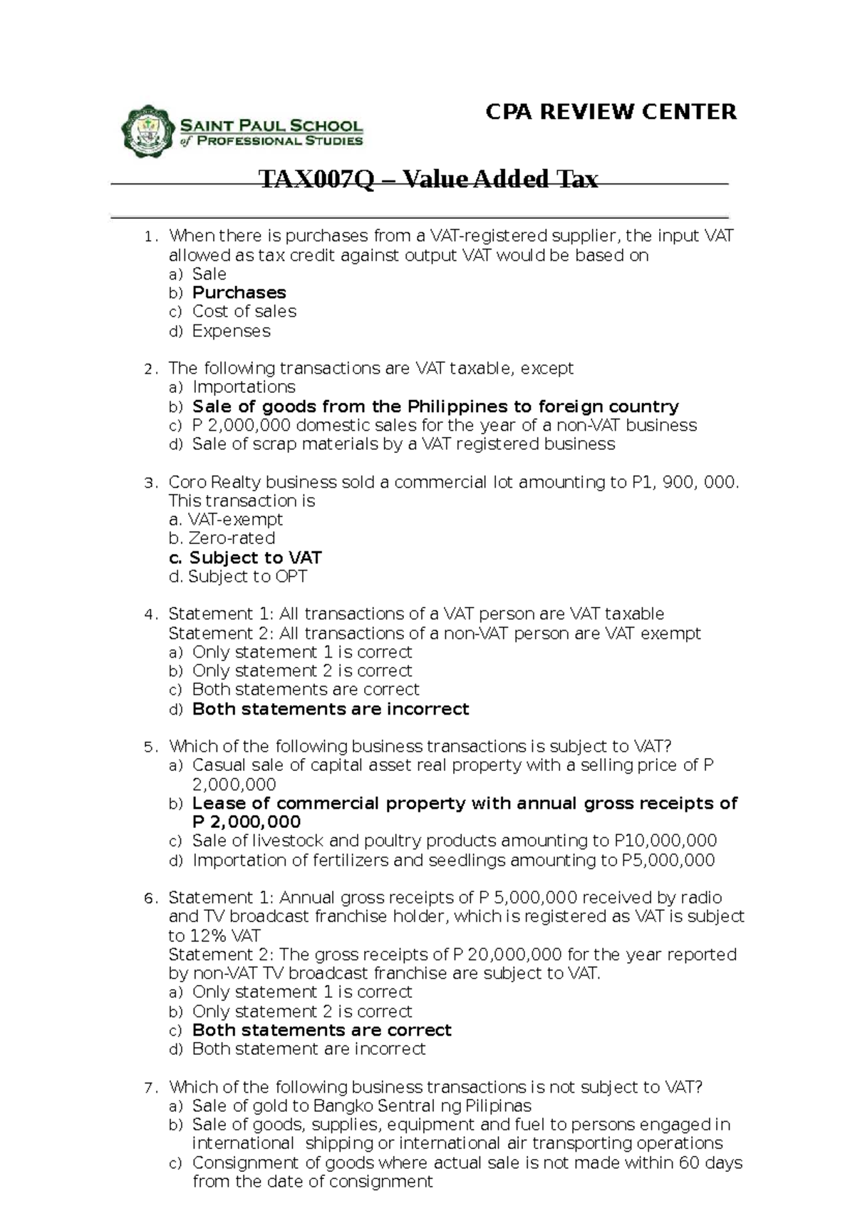 Vat-examination-test-bank compress - CPA REVIEW CENTER TAX007Q – Value ...
