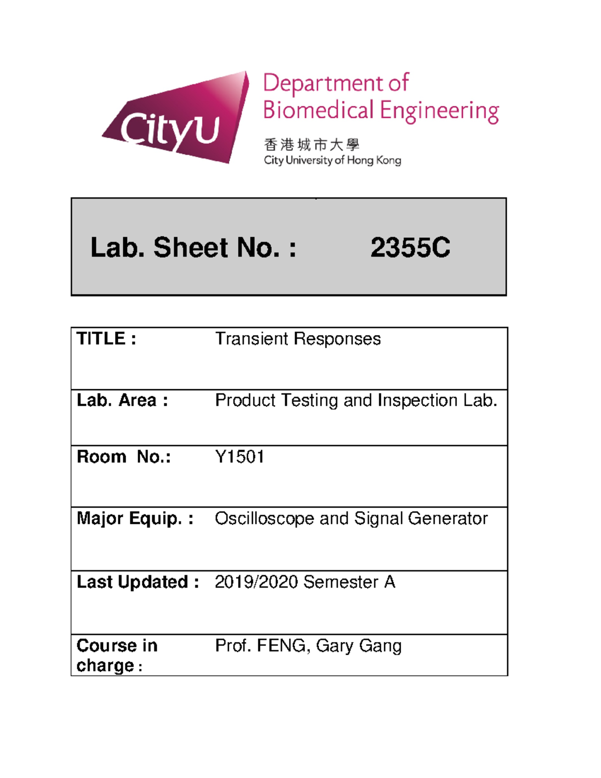 BME Labsheet 2355C - lab sheet - Lab. Sheet No. : 2355C TITLE ...