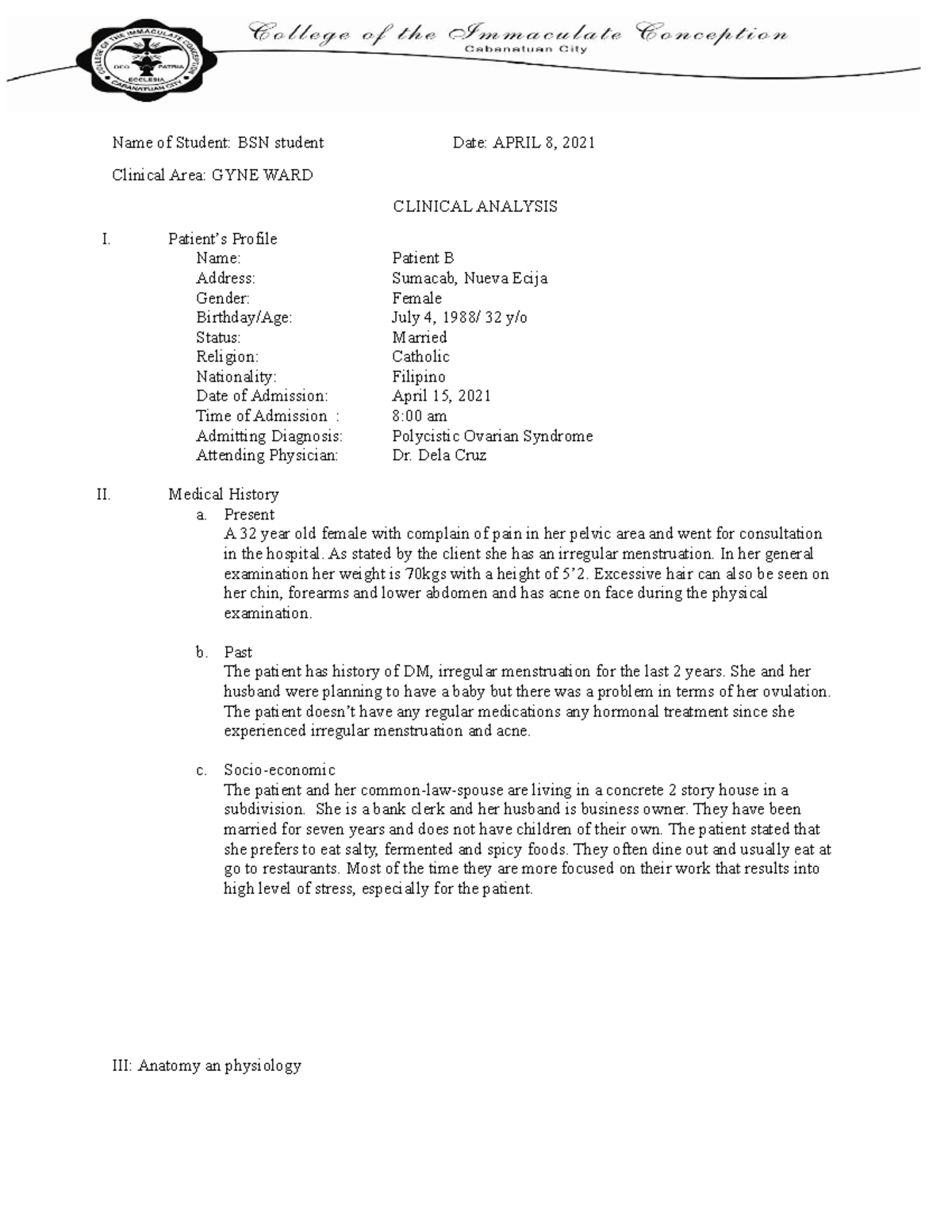 Polycystic ovarian syndrome case study - Name of Student: BSN student ...