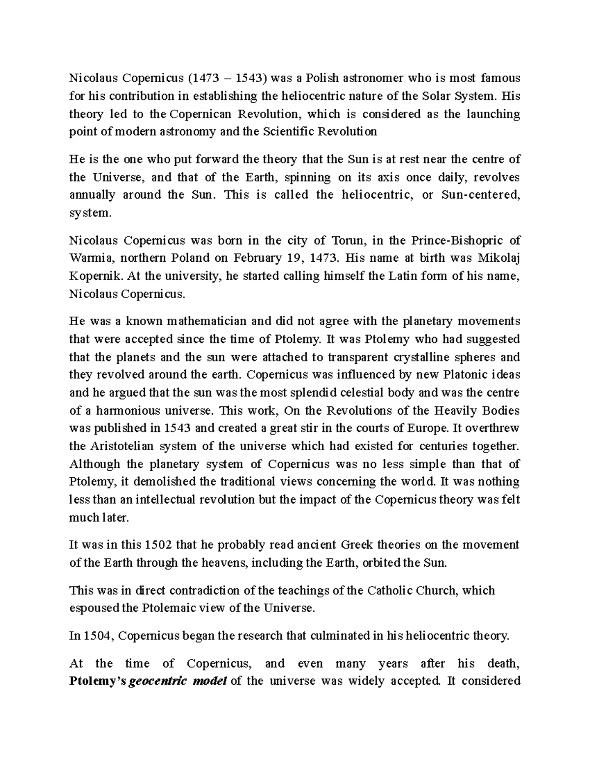 NICHOLAS COPERNICUS - Nicolaus Copernicus (1473 1543) was a Polish ...