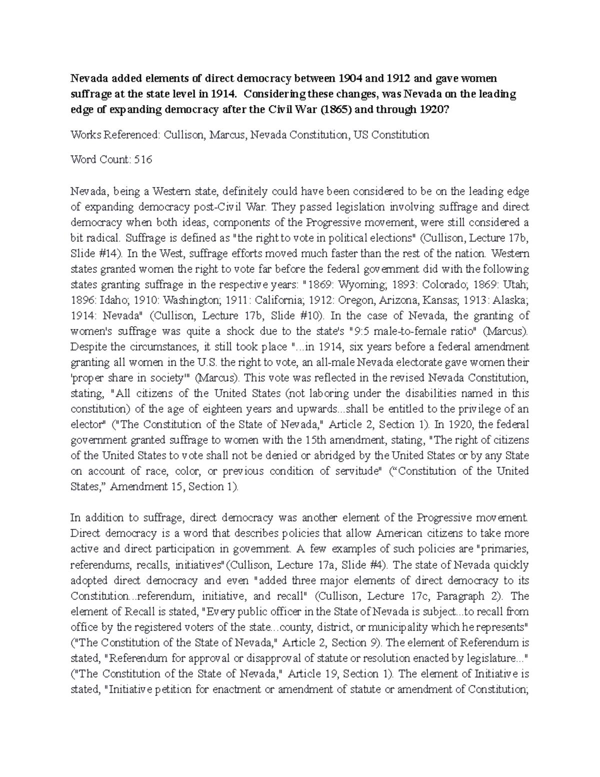 CH 203 Unit 5 - Long Answer - Nevada added elements of direct democracy ...