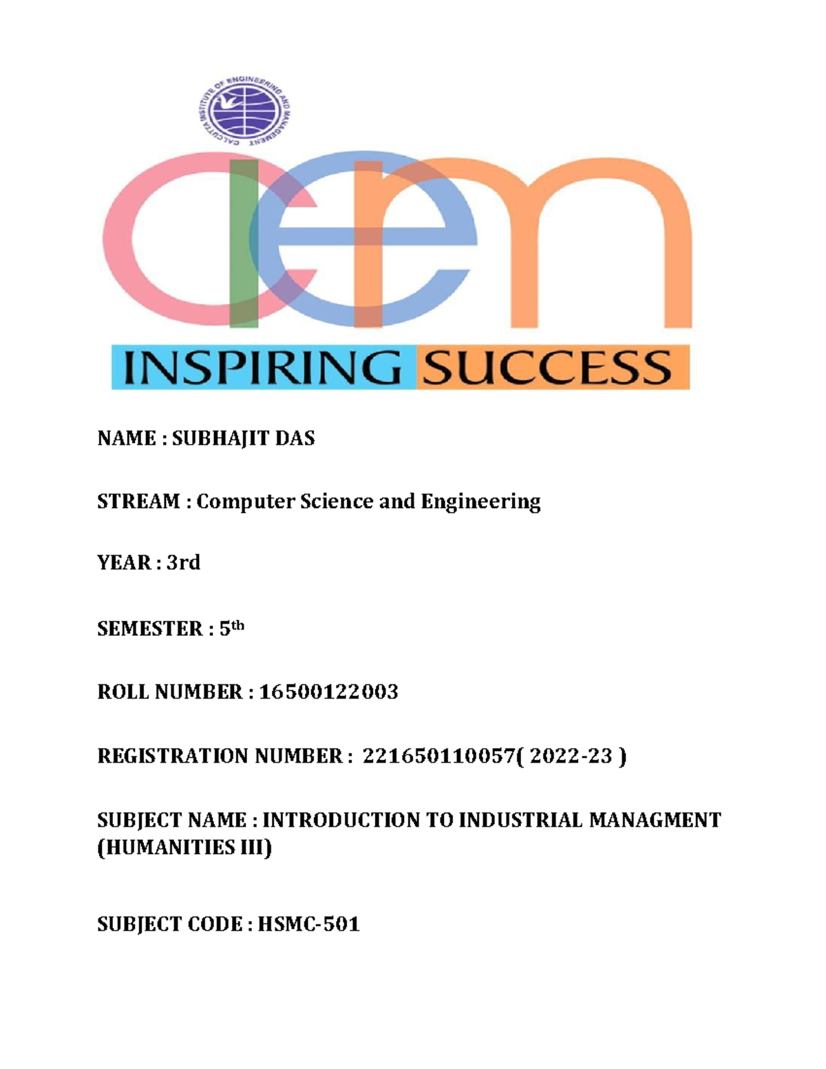 16500122003 - .vfbfsbsbs fd zd d - NAME : SUBHAJIT DAS STREAM : Computer Science and Engineering ...