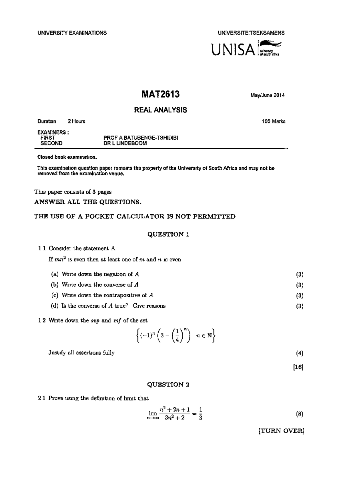 MAT2613 (Real Analysis) SEMESTER 1 Exam 2014 - UNIVERSITY EXAMINATIONS ...