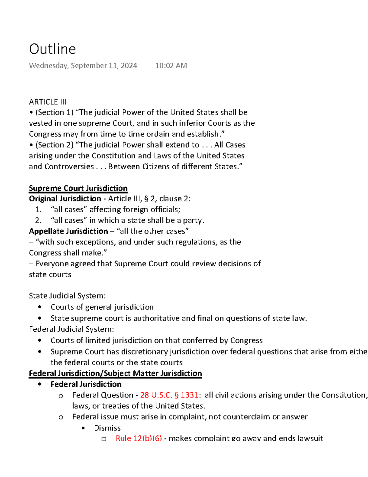 Civ Pro - Outline - ARTICLE III (Section 1) “The judicial Power of the ...