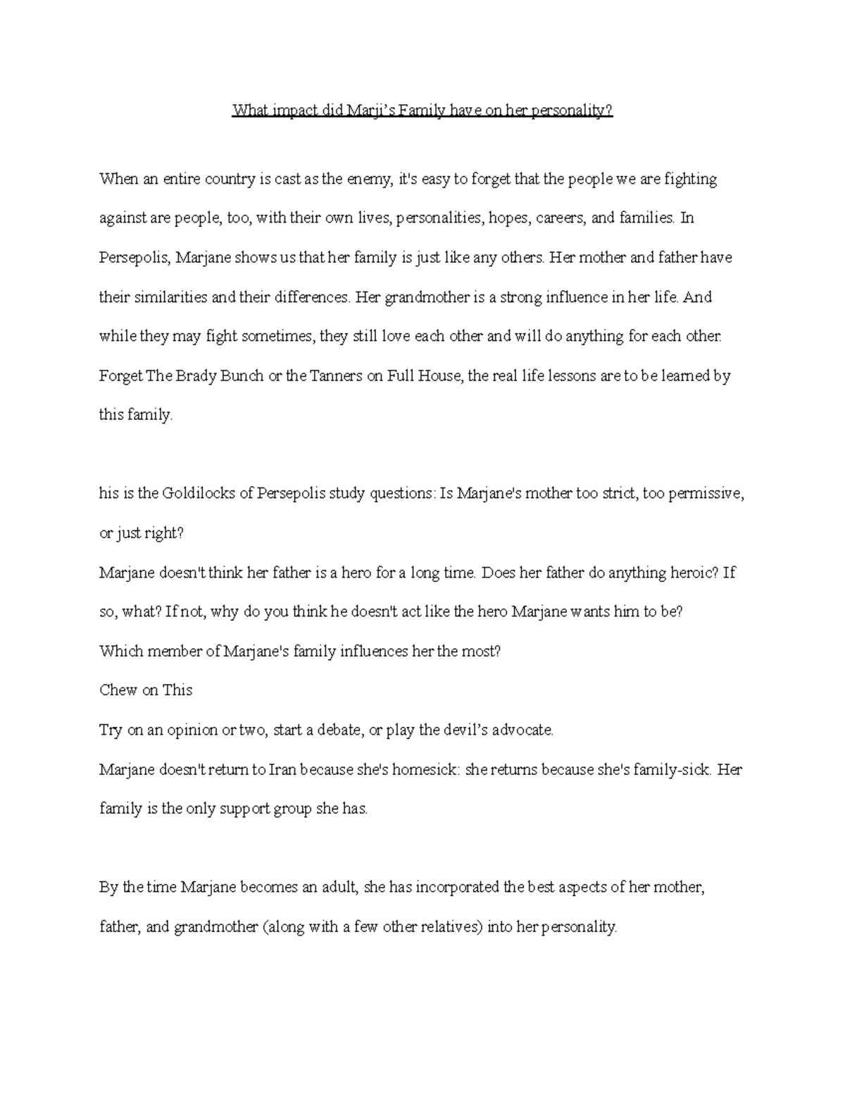 Persepolis - Impact of Marji's Family - What impact did Marji’s Family ...