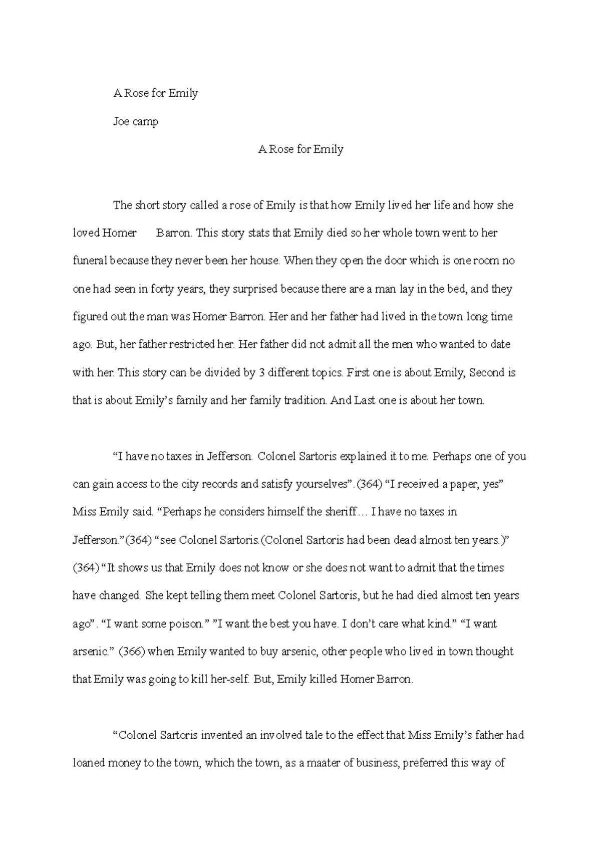 Rose family - Grade: b - A Rose for Emily Joe camp A Rose for Emily The ...