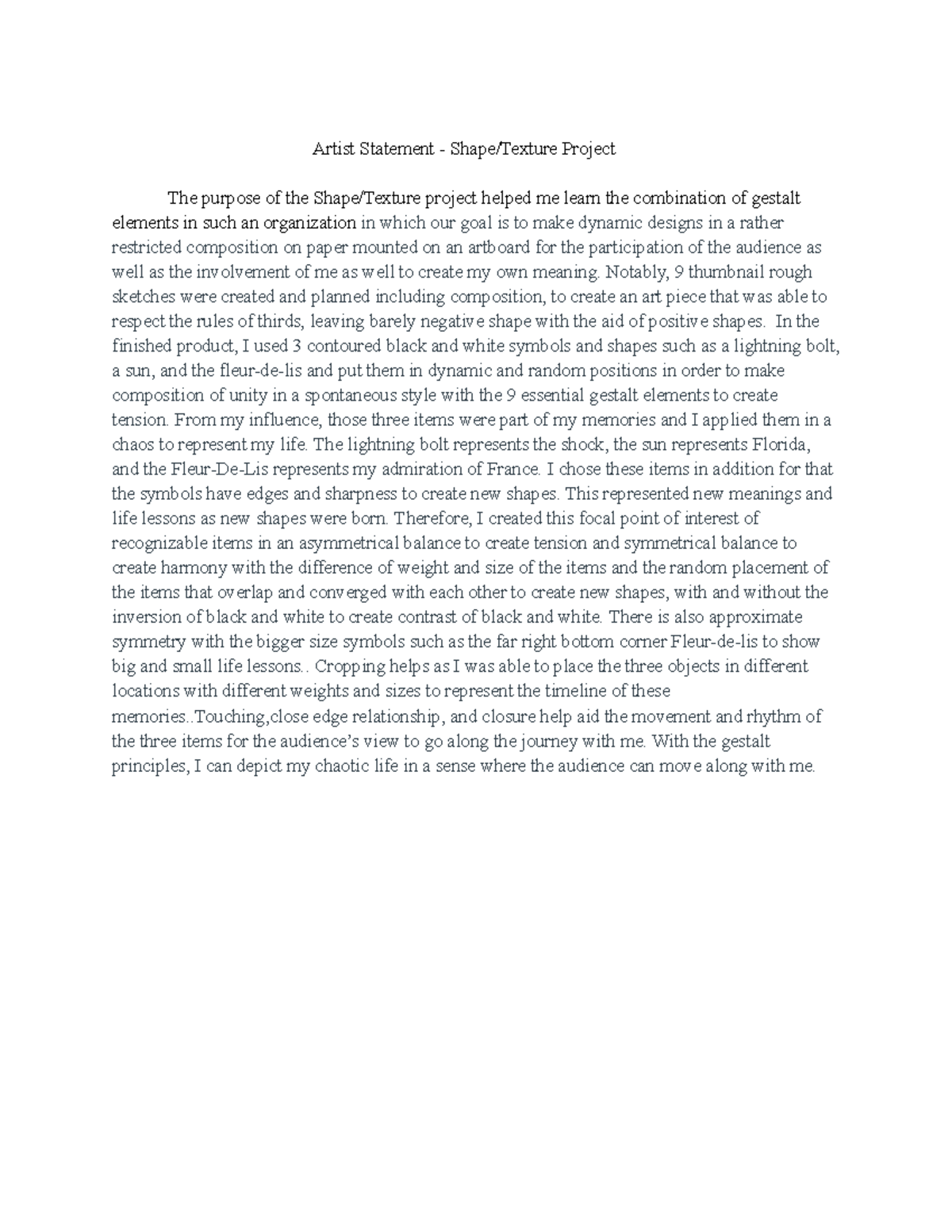 Artist Statement 2D Project - Artist Statement - Shape/Texture Project ...