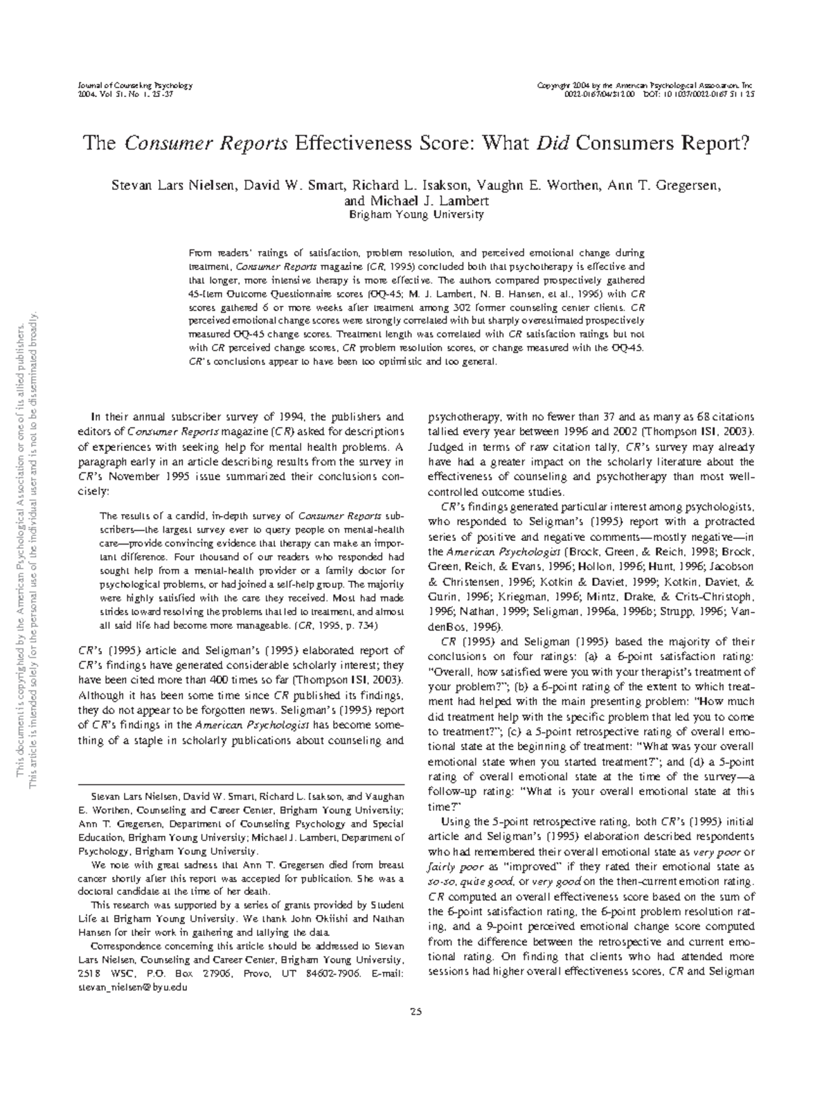 Nielsen et al. 2004 Summary Consumers Report Psychotherapy - The ...