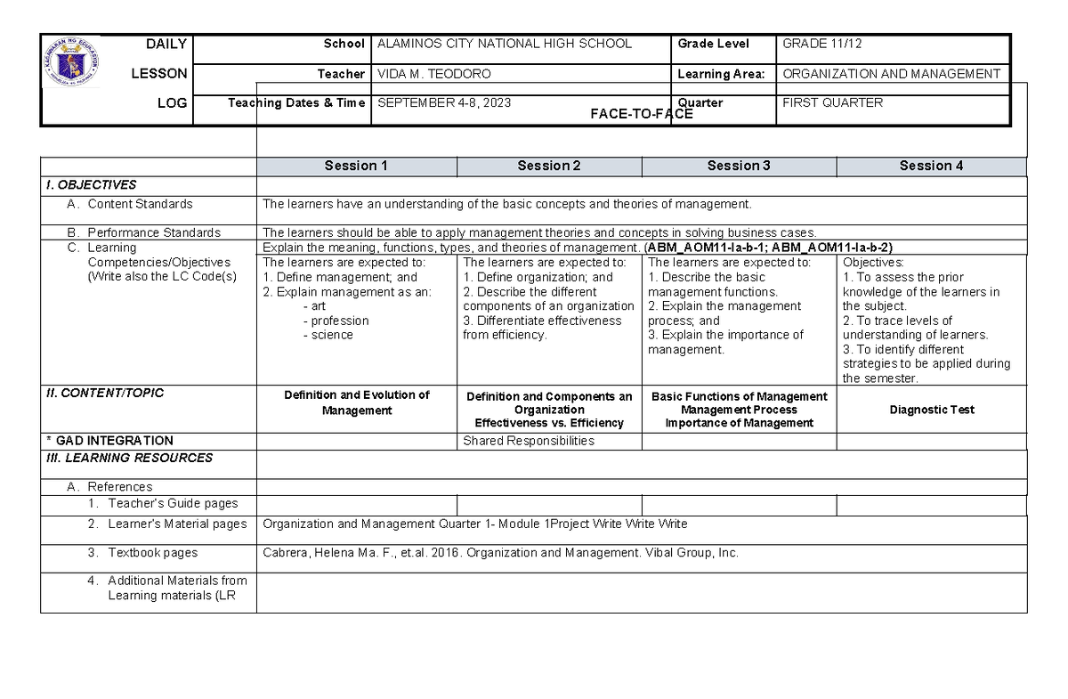 Org Mgmt DLL Week 2 - daily lesson log - FACE-TO-FACE Session 1 Session 2 Session 3 Session 4 I ...