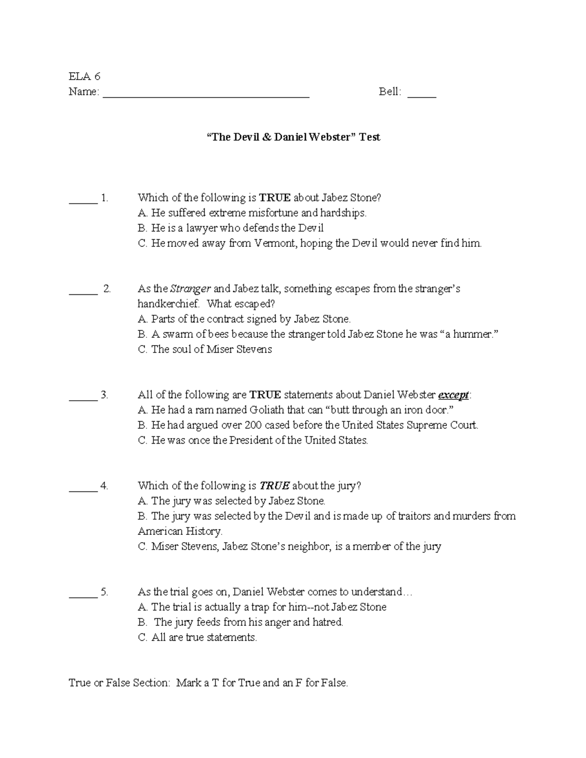Lane Hibbard - Devil and Daniel Webster Test Regular - ELA 6 Name ...