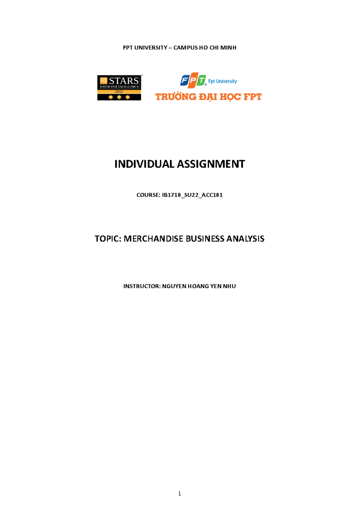Acc101 Individual Assignment Fpt University Campus Ho Chi Minh