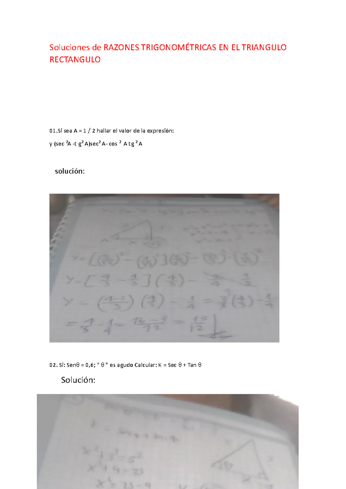 Soluciones de Razones Trigonométricas EN EL Triangulo Rectangulo - Soluciones de RAZONES - Studocu